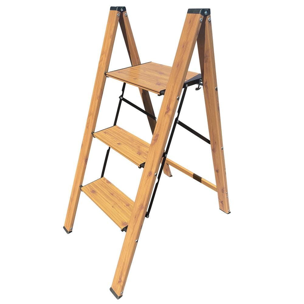 AmeriHome 8 ft. Reach Aluminum Wood Grain Folding Step Ladder with 330 ...