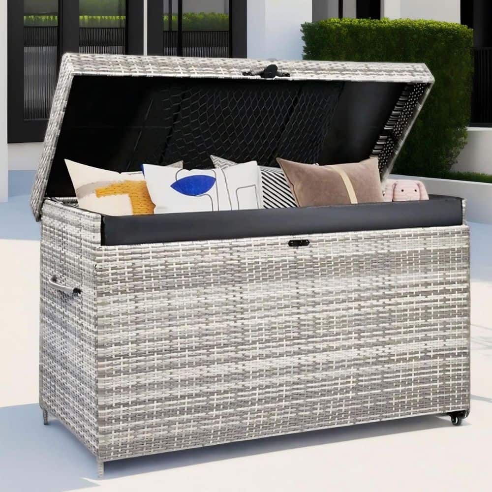 200 gal. Wicker Patio Deck Box with Wheels, All-Weather Outdoor Storage ...