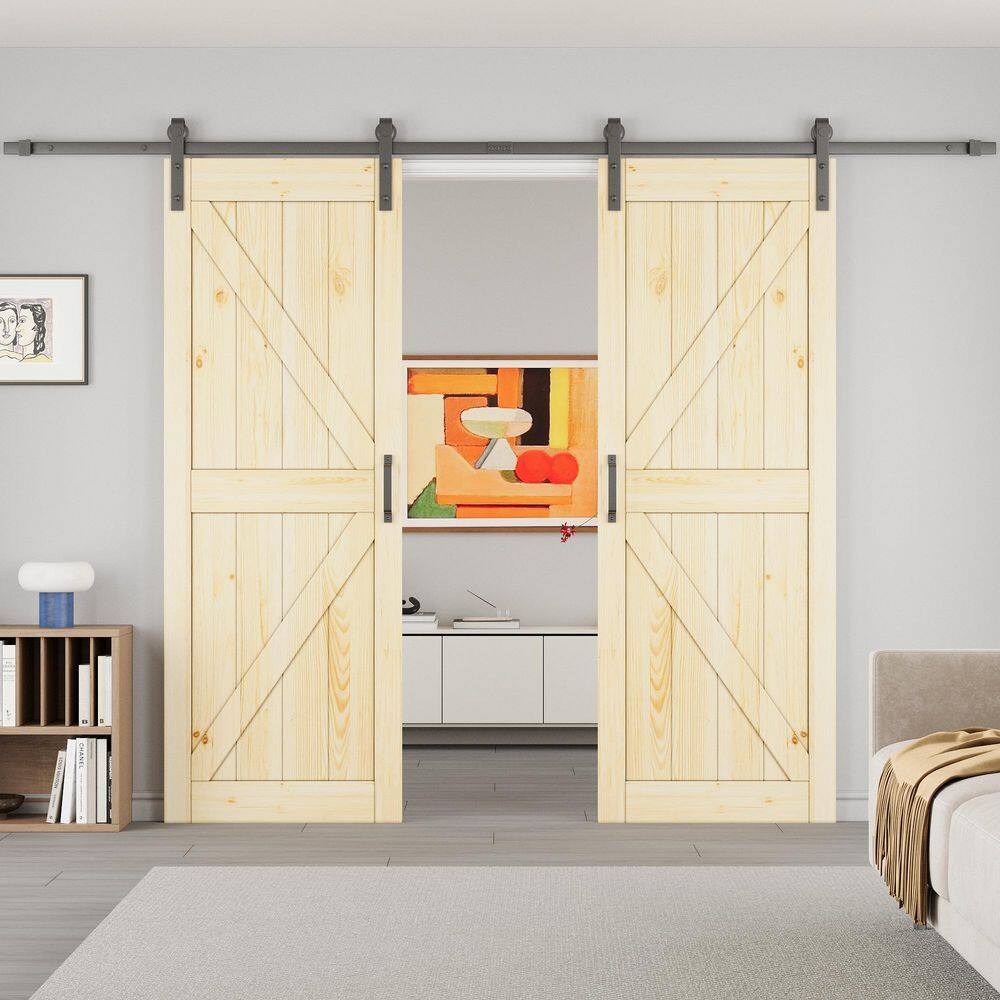 EH PUERTA 60 in. x 84 in. Paneled K Shape Solid Pine Unfished Wood Sliding Barn Door Slab with ...