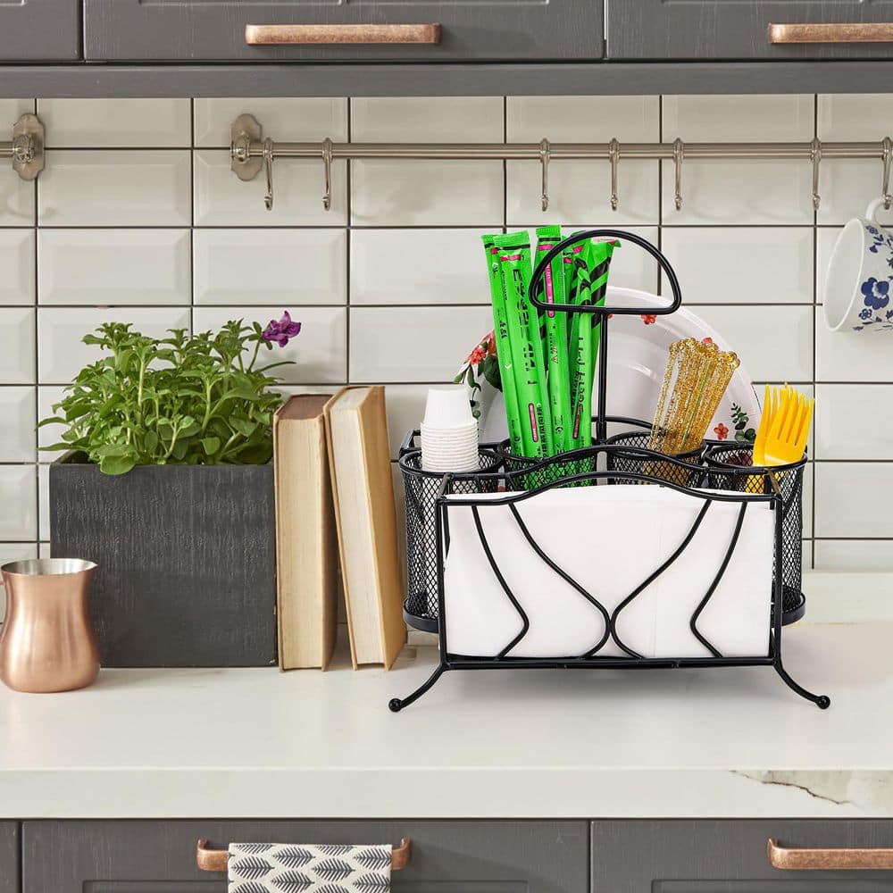 Metal Mesh Countertop Utensil Holder Black with Handle Silverware Caddy ...