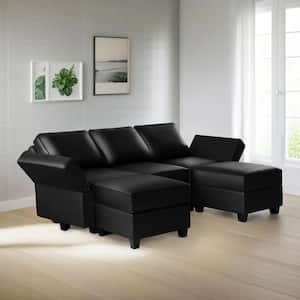 HOMESTOCK 84.85 in. Reversible Faux Leather Sleeper Sectional Sofa in ...