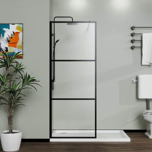 LORDEAR 34 in. W x 72 in. H Black Framed Fixed Single Panel Shower Door ...