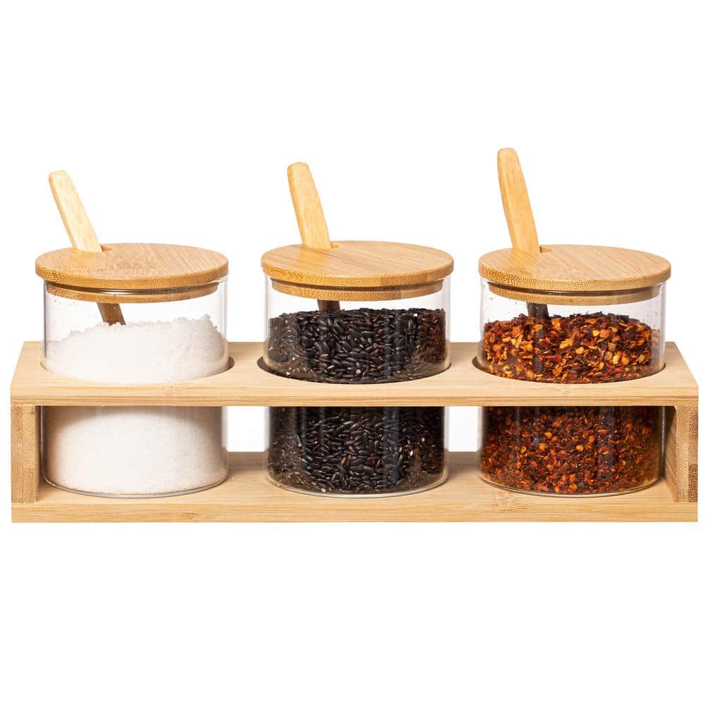 3-Piece Glass Containers with Bamboo Lids and Tray Holder - Decorative ...