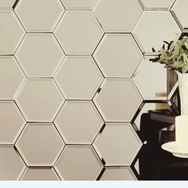 ABOLOS Reflections Silver Beveled Hexagon 8 in. x 8 in. Glass Mirror Decorative Peel and Stick Tile 21 sq. ft. Case GHMREFHEX SI