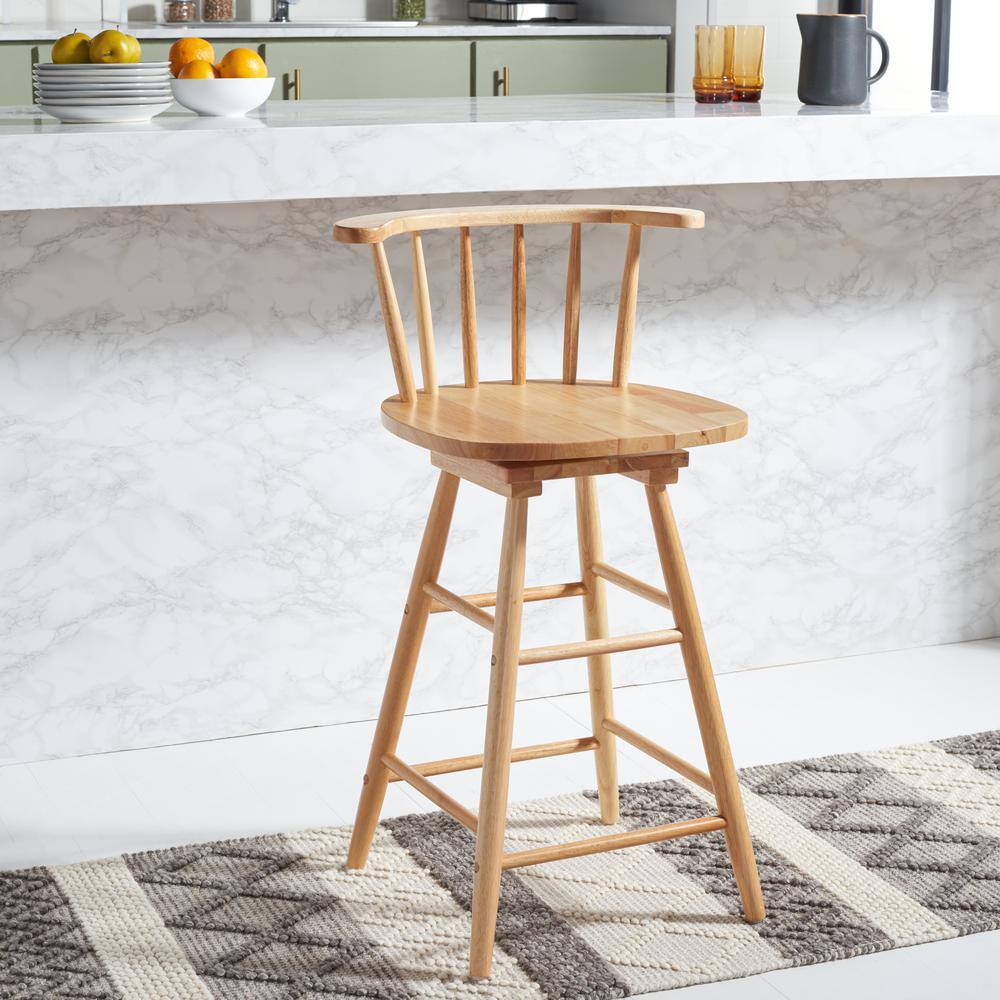 SAFAVIEH Ray 25 in. Natural Low-Back Wood Frame Swivel Counter Stool ...