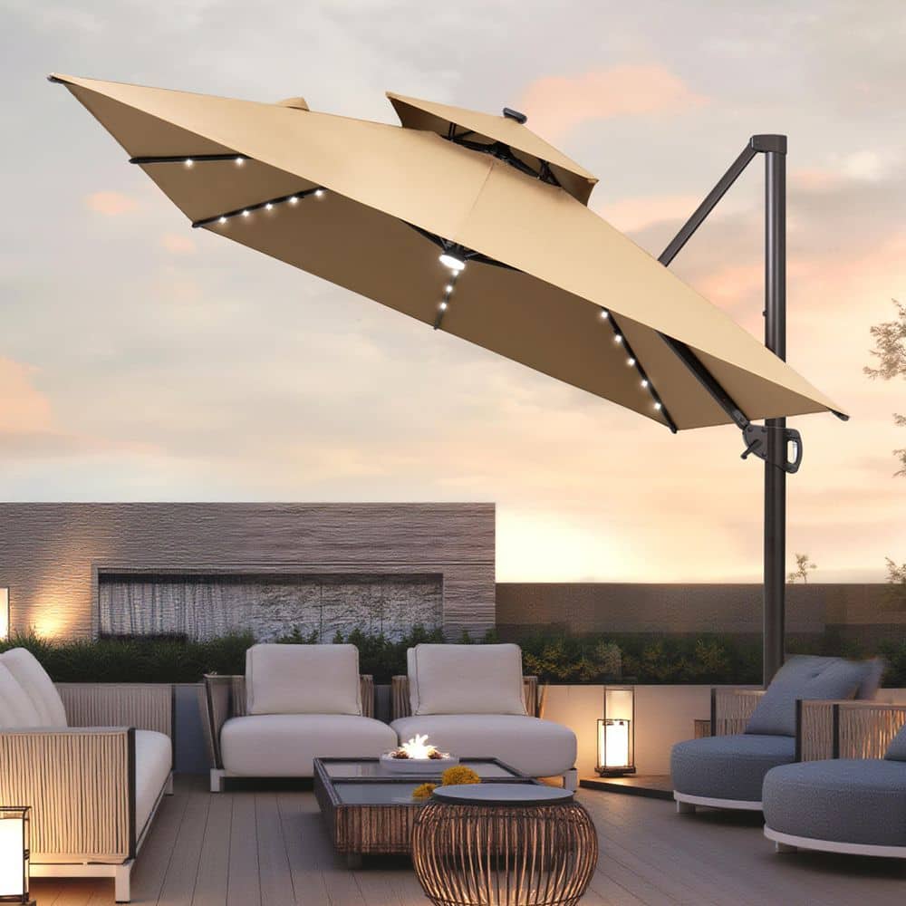 CLOUDFLY 9 ft. x 11 ft. Solar LED Lights Cantilever Patio Umbrella ...