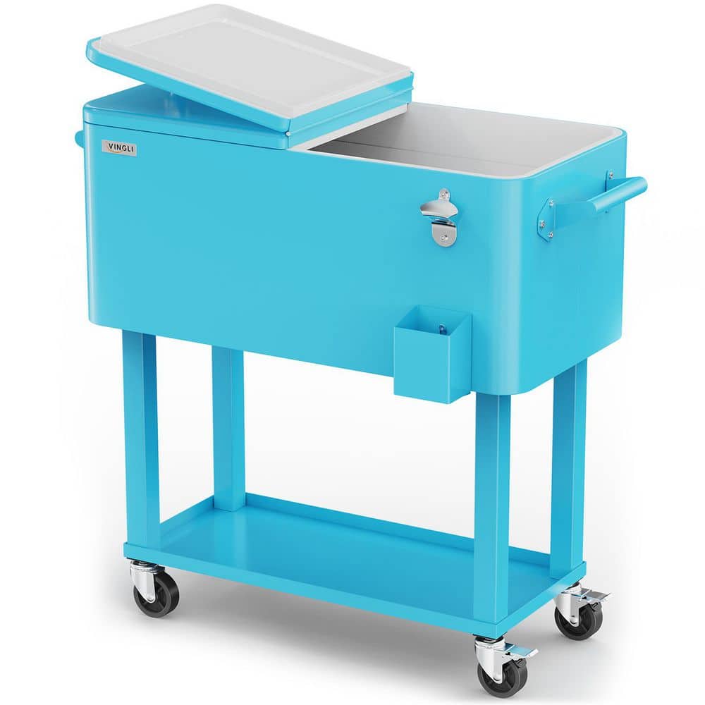Karl home 80 qt. Blue Patio Rolling Ice Chest Cooler Cart With Bar ...