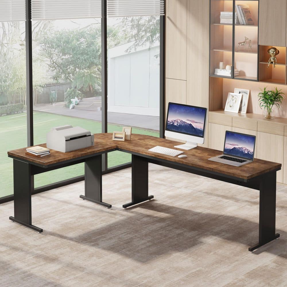 BYBLIGHT Capen 83 in. L-Shaped Wood Brown Computer Desk Reversible ...