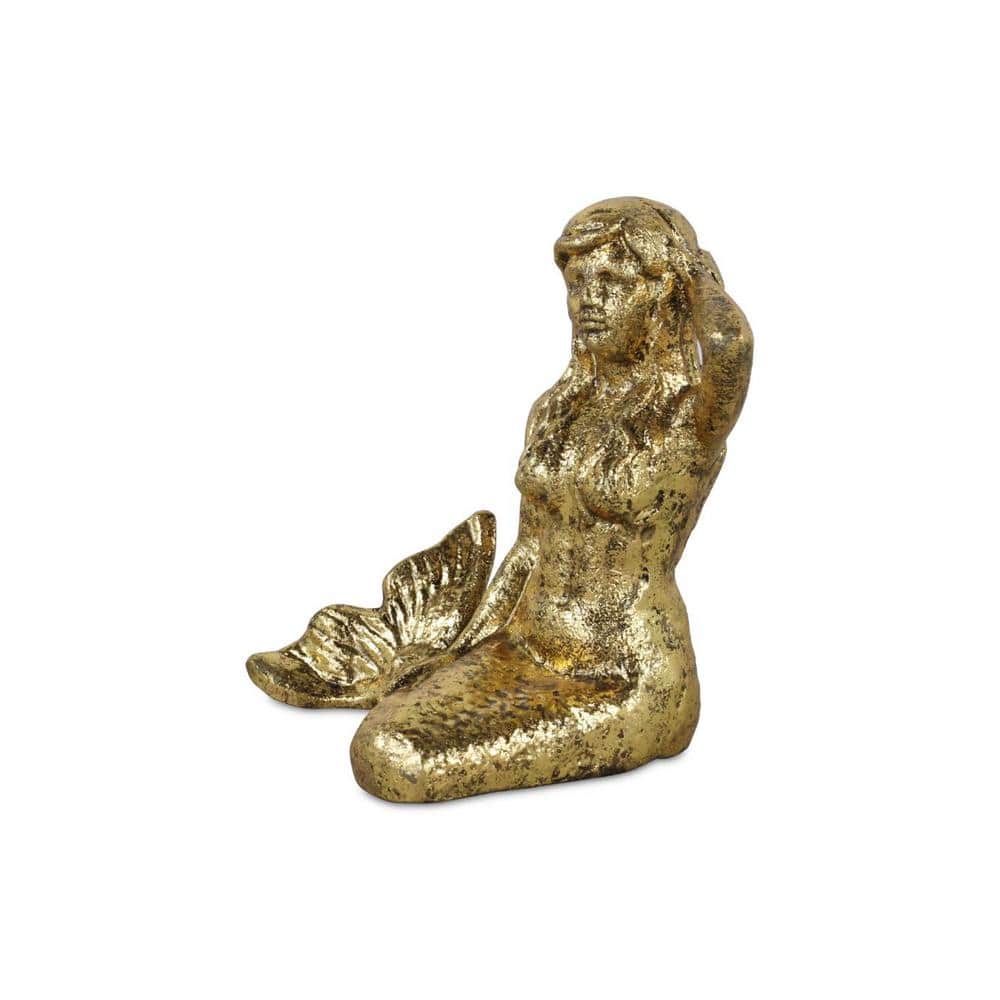 HomeRoots Metal Antiqued Brass Hand Painted Mermaid Statue 2000483258 ...