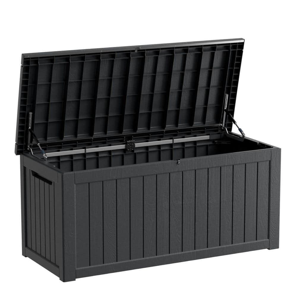 230 Gallon Black Outdoor Resin Deck Box with Iron Rod & Two Piston ...