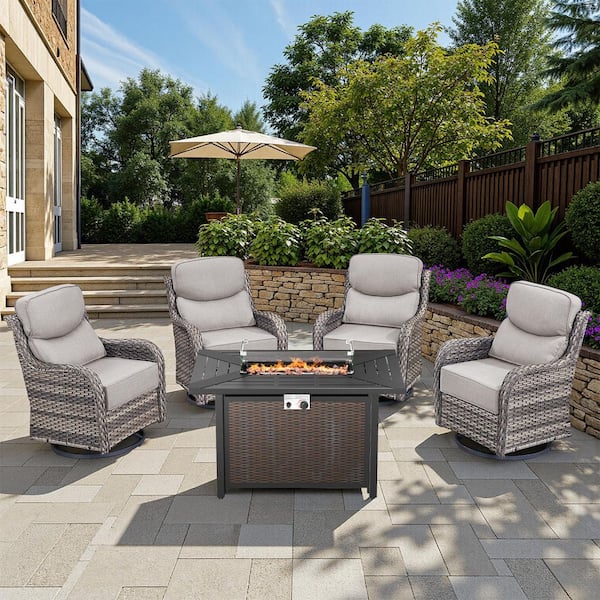 Opohoro Arcadia Gray 5-Piece Wicker Patio Fire Pit Set, 4-Person ...