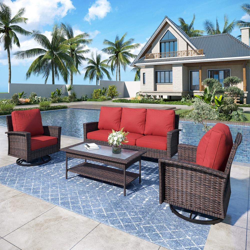 PHI VILLA Black 4-Pieces Metal Patio Conversation Sectional Seating Set ...