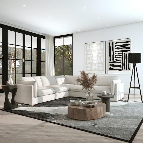 Ventana 116 Modern Pillow Arm Feather Memory Foam Fill 3 Piece Corner Sectional Sofa Wheat Cream Beige