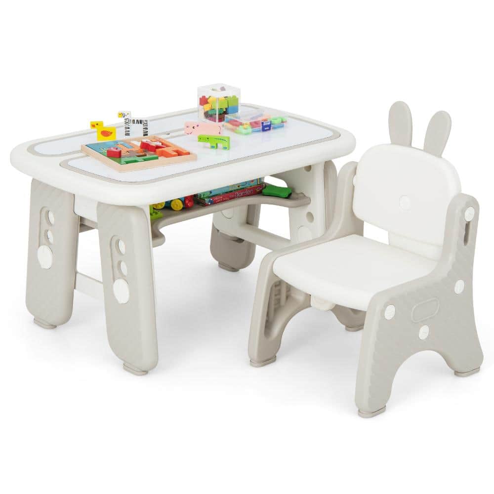 Bunpeony Kids Table and Chair Set with Flip-Top Bookshelf-Gray ...