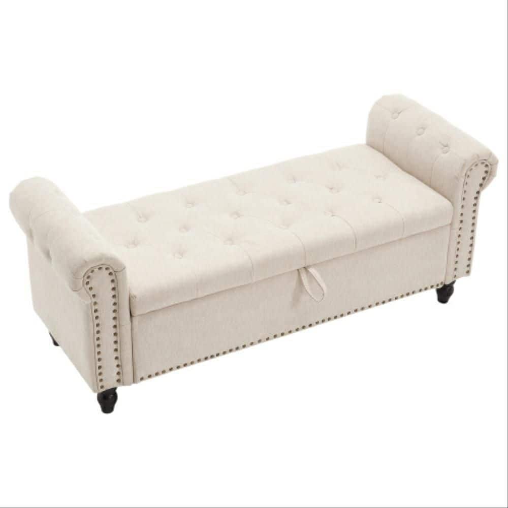 HOMEFUN 55.12 in. Camel Linen Upholstered Fabric Storage Ottoman ...