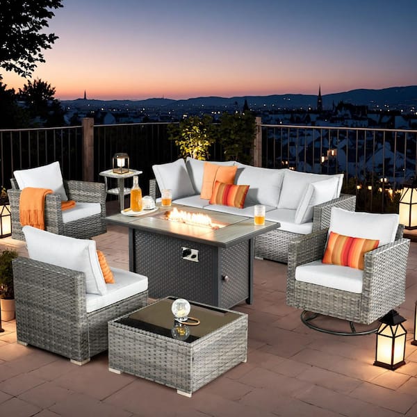 XIZZI Clove 9 Pieces Wicker Outdoor Patio Rectangular Fire Pit Set and ...