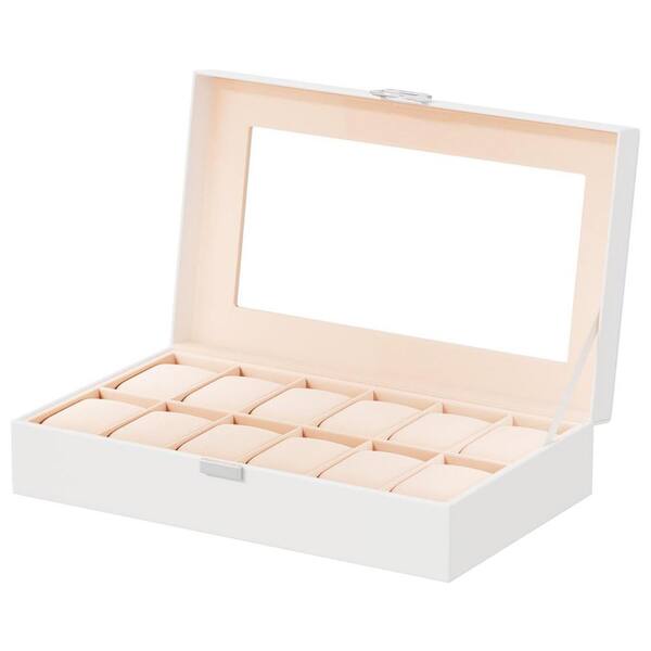 White 12-Slot PU Leather Watch Box with Glass Lid Z0CZDLTXW8 - The Home ...