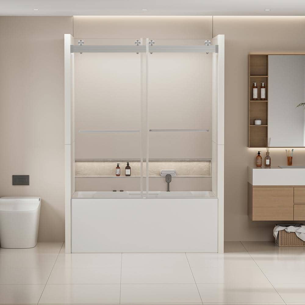 ANGELES HOME 56-60 in. W x 62 in. H Frameless Double Sliding Bypass Shower Door Tub Door Soft ...