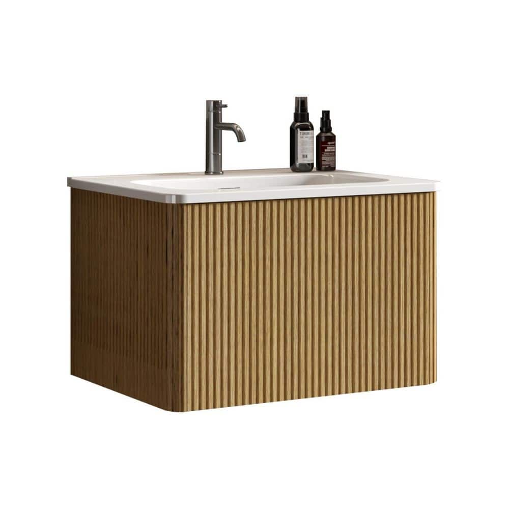 INSTER 24 in. Wall Mount Modern Single Sink Striped Oak Bath Vanity ...