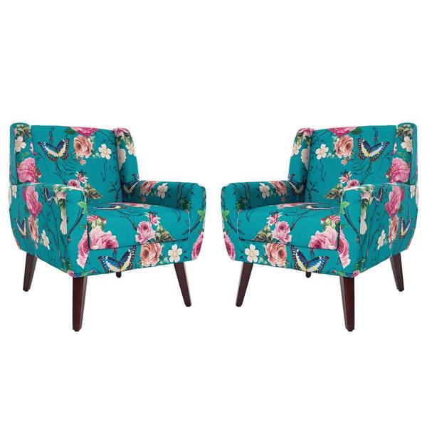 Uixe Mid-Century Modern Blue And Floral Pattern Linen Accent Arm Chair ...