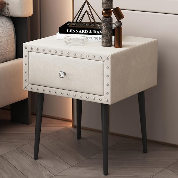 Unbranded Modern Beige 1 Drawer Wood Nightstands Set of 2 w Crystal Handle Elegant Velvet Design Bedside Table for Bedroom XS WF322806AAA