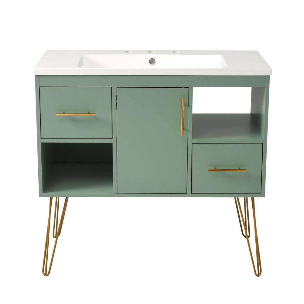 EPOWP 36 in. Freestanding Green Bath Vanity with White Resin Top ...