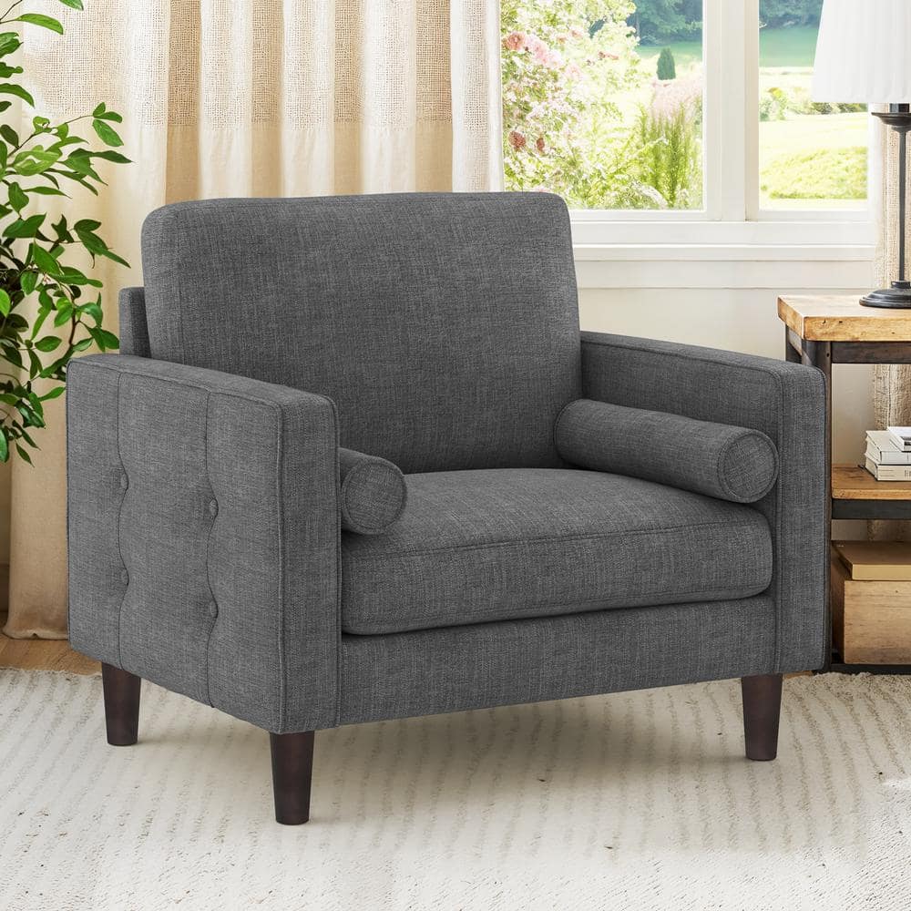 LUE BONA Loyo Mid Century Gray Chenille Fabric Upholstered Accent Chair Solid Wood Frame Button ...