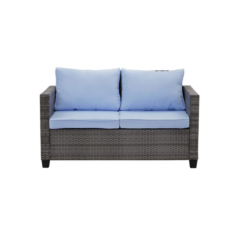 OVASTLKUY 2-Piece Blue Patio Outdoor Wicker Rattan Sofa Set Patio ...