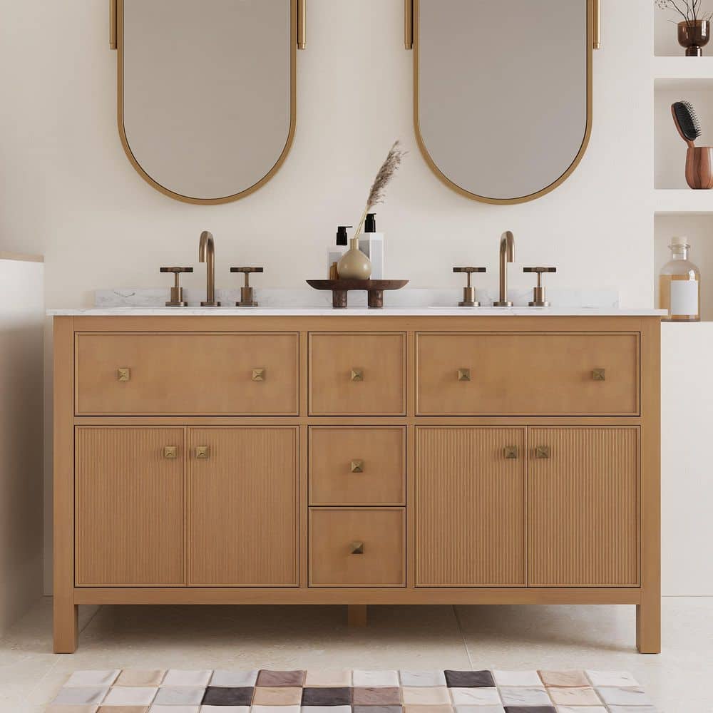 DEERVALLEY 60 in. Double Sink Freestanding Weathered Tan Wood Bath ...