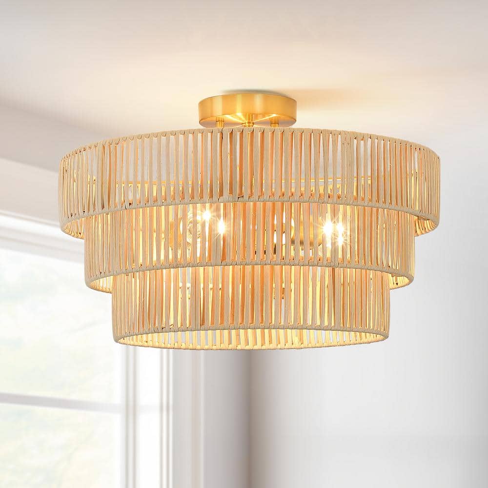 TRUE FINE Piersan 18 in. 3-Light Tiered Rattan Semi-Flush Mount Ceiling ...