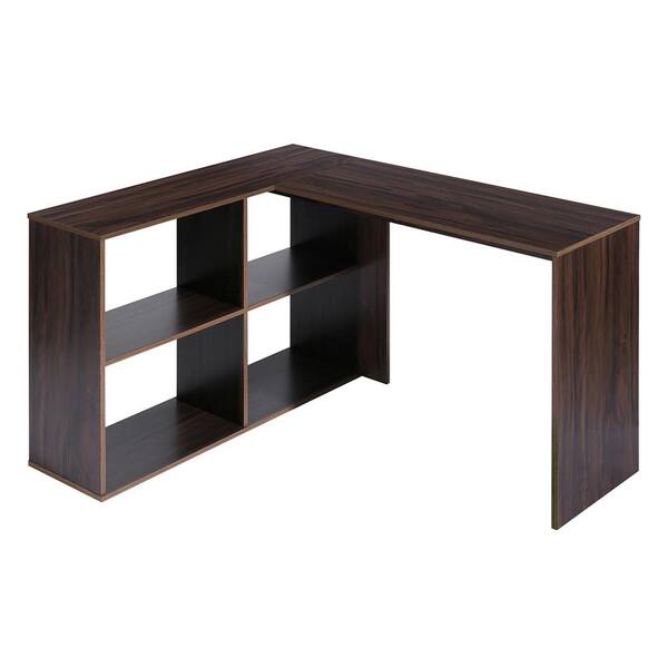 FurnitureR Dark Brown L-Shape Computer Desk 4 open bookcase MDF Wood ...