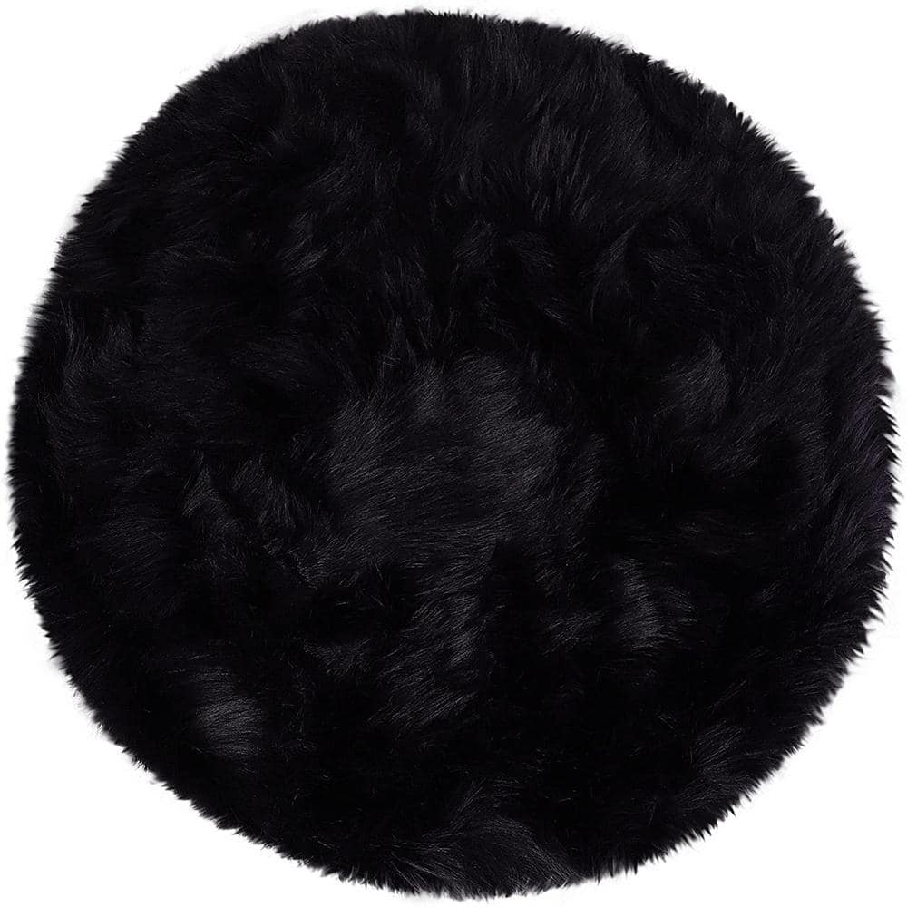 GHOUSE Silky Faux Fur Sheepskin Shag Black 6 ft. x 6 ft. Fluffy Fuzzy ...