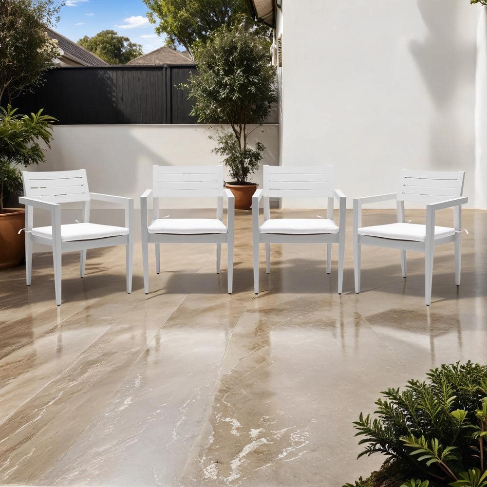 Runesay White Metal Outdoor Lounge Chair with White Cushions (4-Pack ...
