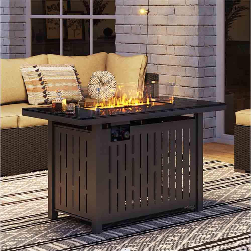 OUPES 50,000 BTU Black Rectangular Metal Fire Pit Table with Guard ...
