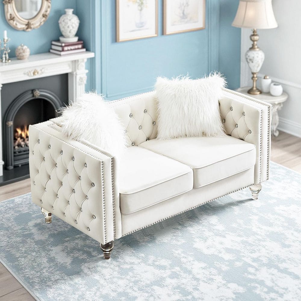 WONDER COMFORT 60 in. Velvet 2-Seater Crystal Tufted Button Trimmed ...