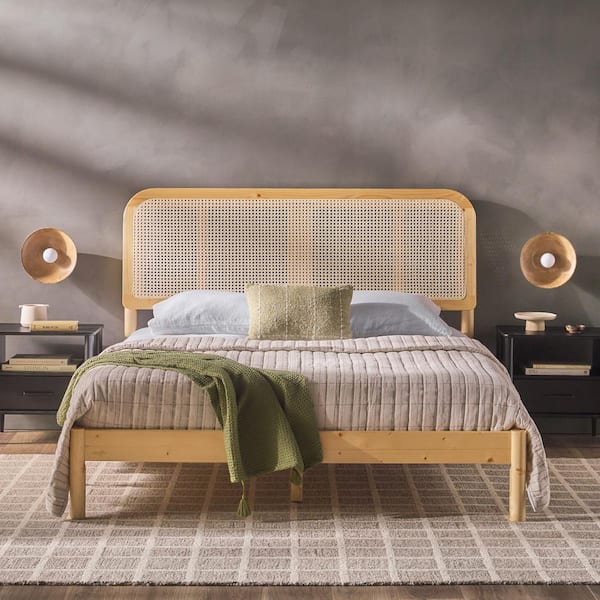 Boho Beige Solid Wood Frame Queen Platform Bed with Rattan Headboard Insert HD9902 The Home Depot