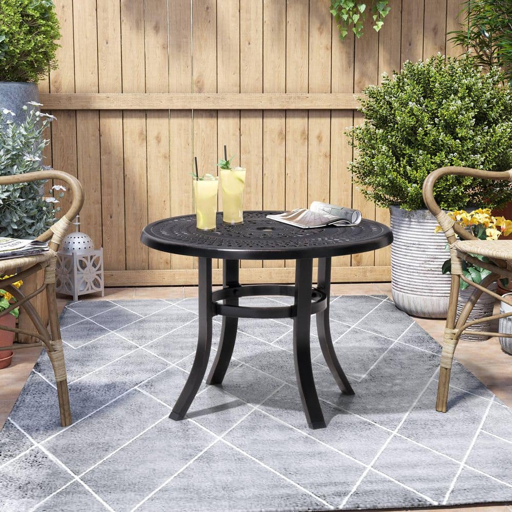 Pellebant Black Round Cast Aluminum Outdoor Side Table with Umbrella ...