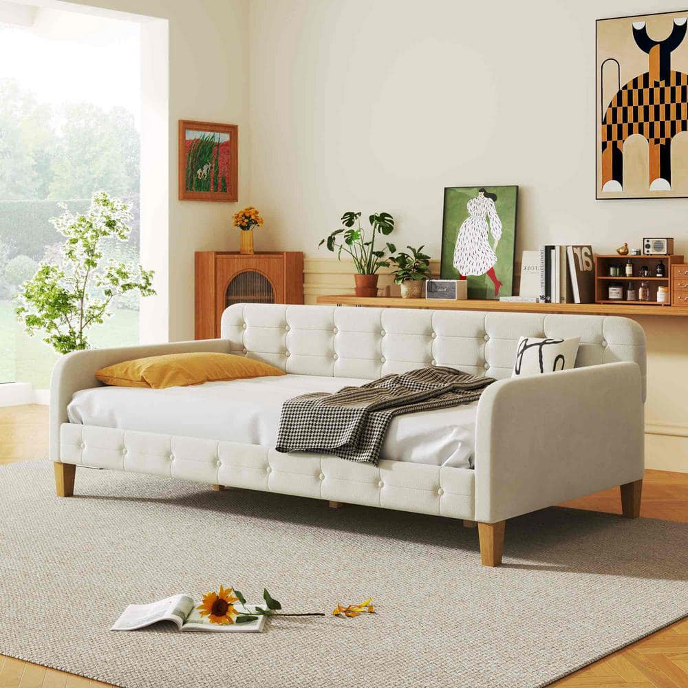 Polibi White Twin Size Upholstered Daybed with 4 Support Legs RS ...