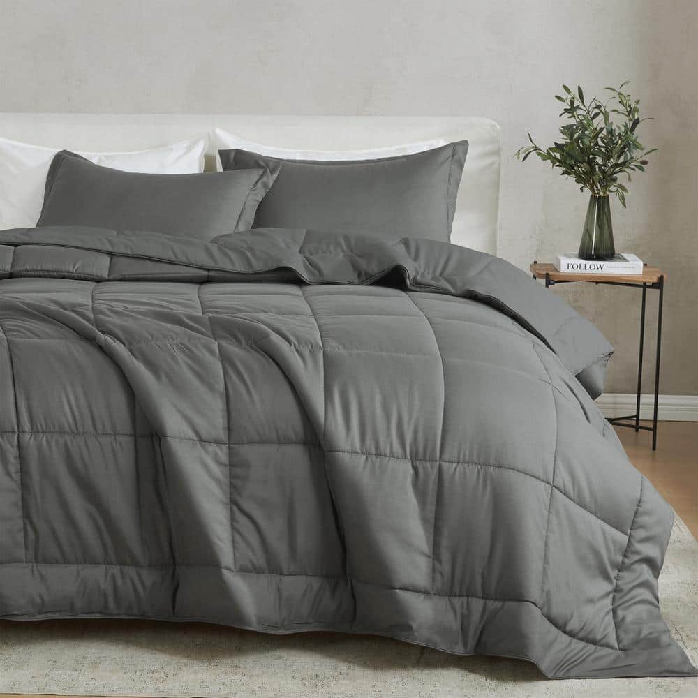 FRESHFOLDS Grey 3 Piece Light Grey Reversible Down Alternative Full ...