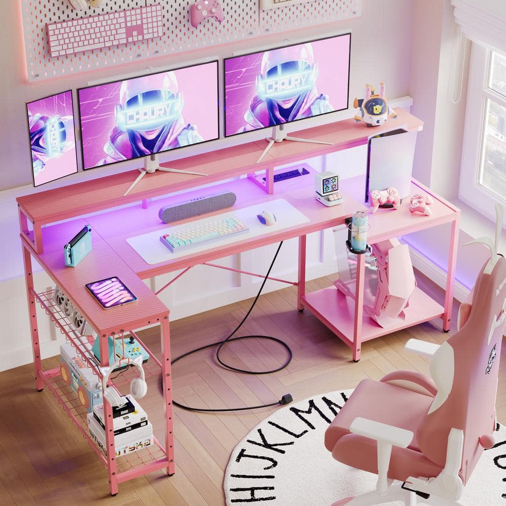 Bestier 71.5 in. L-Shaped Pink Carbon Fiber LED Desk with Monitor Stand ...