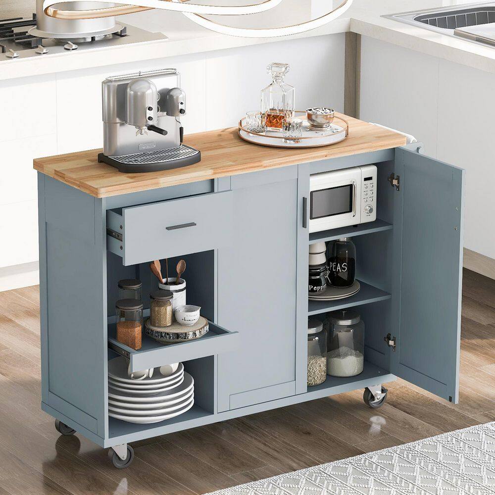 Dueyeeri Grey Blue Rubber Wood Kitchen Cart with Towel Rack and ...