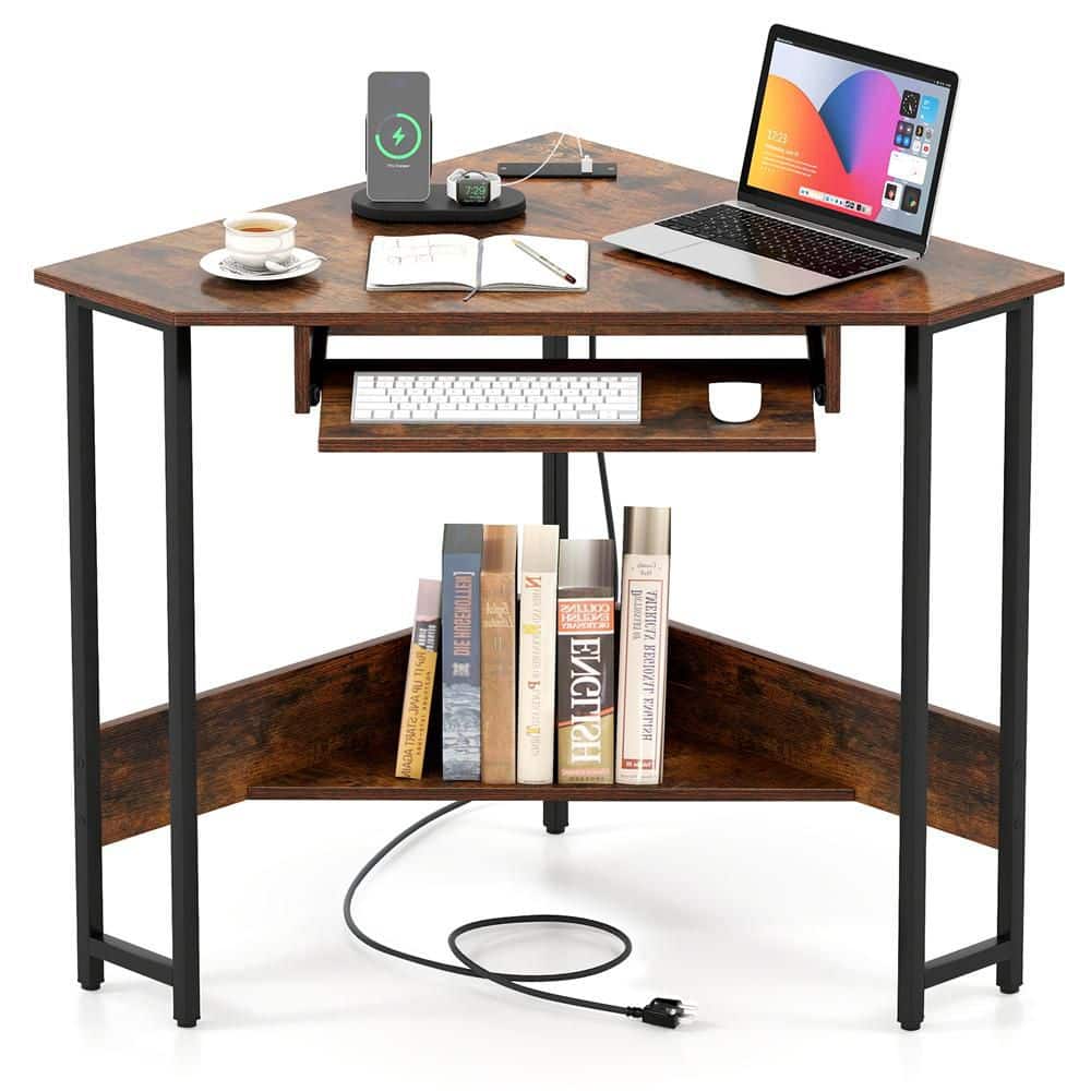 Costway 28.5 in. Triangle Corner Brown Steel Computer Desk Small Space ...