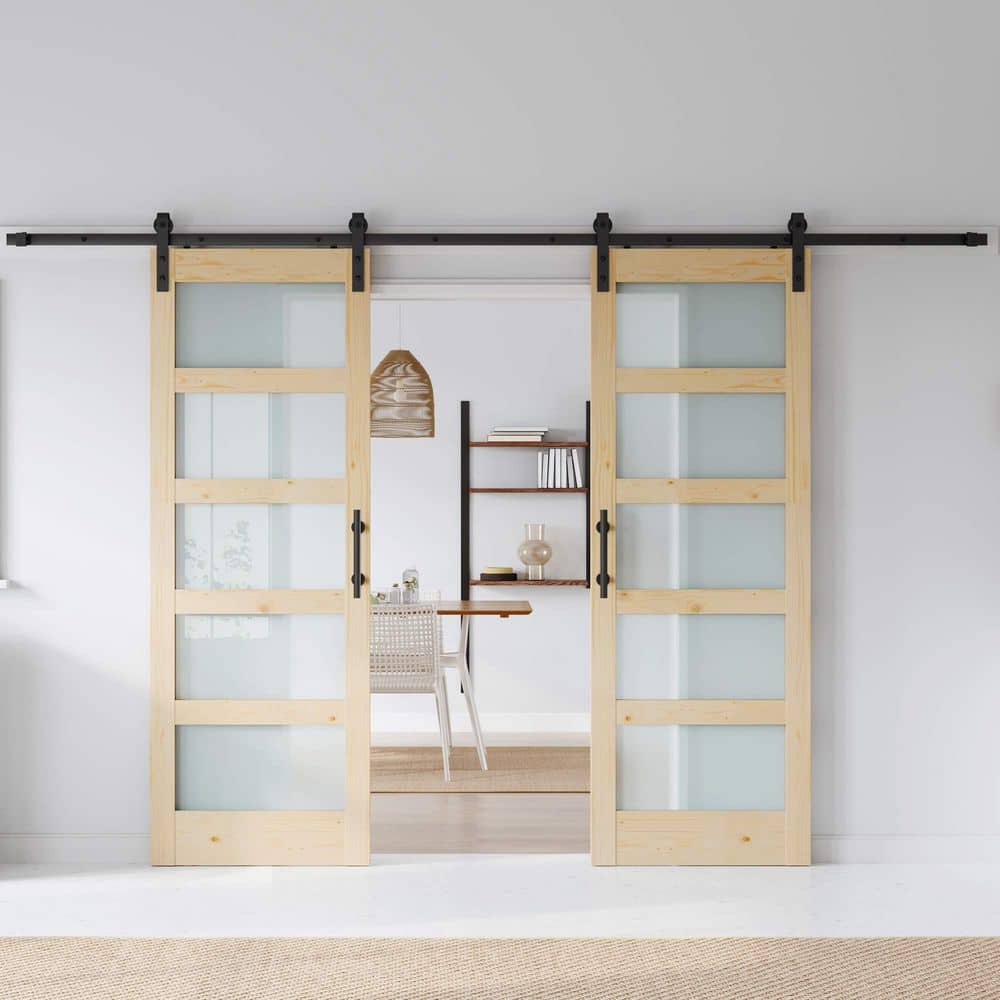 TREEBLING 60 in. x 84 in. 5-Lite Frosted Glass Solid Core Spruce Wood ...