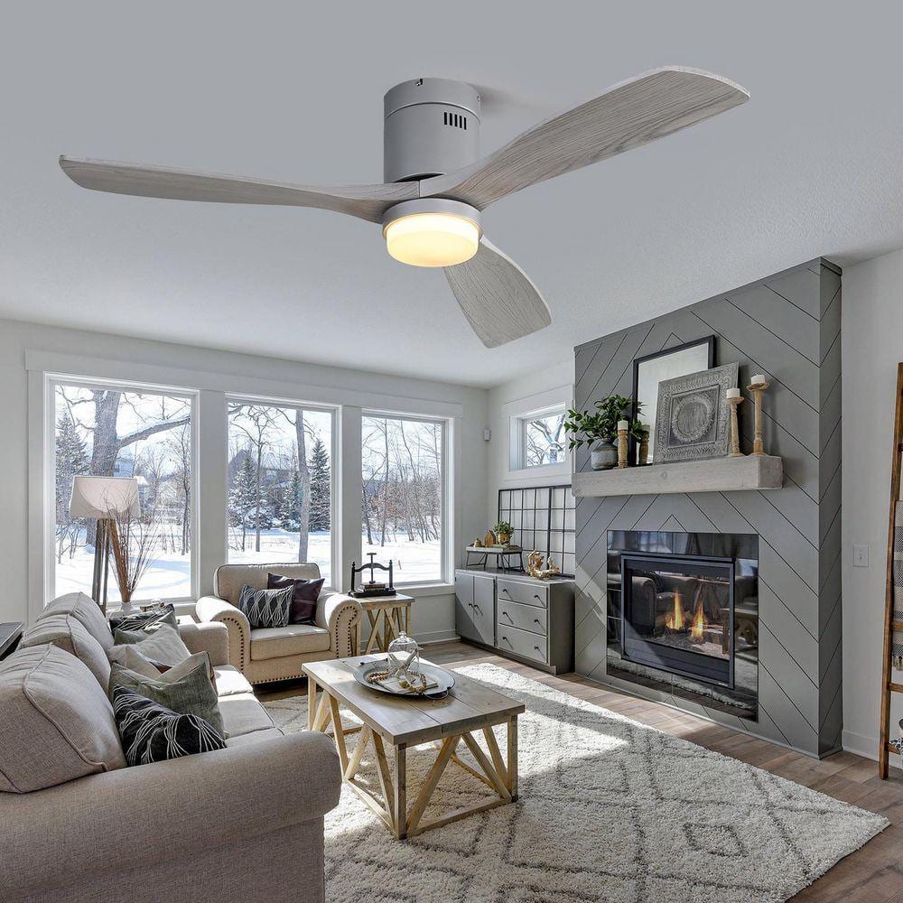 FIRHOT 52 in. Smart Gray Indoor Solid Wood Gray Blade Flush Mount ...