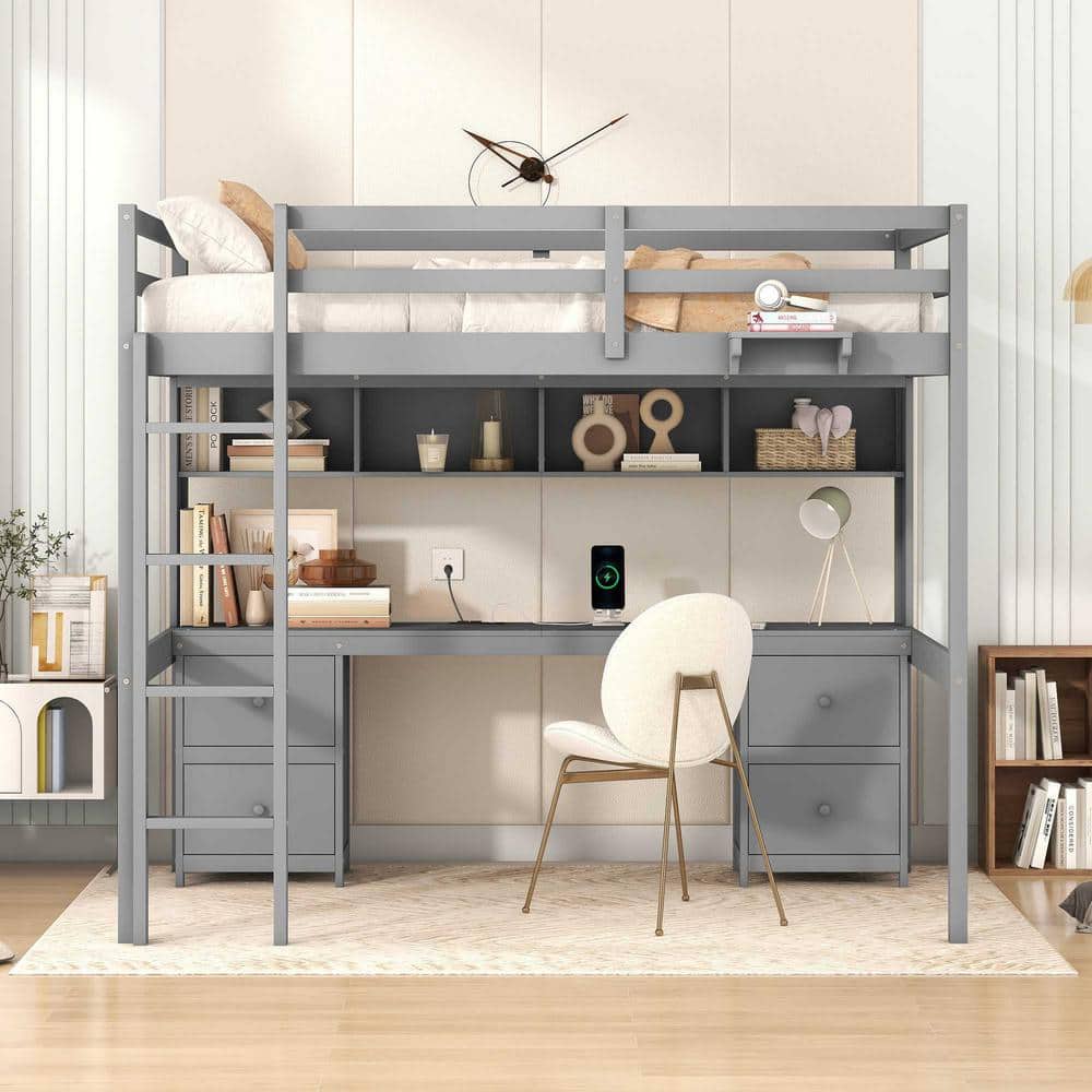 Polibi Full Size Loft Bed with Desk, Cabinets, Drawers and Bedside Tray, Charging Station, Gray ...