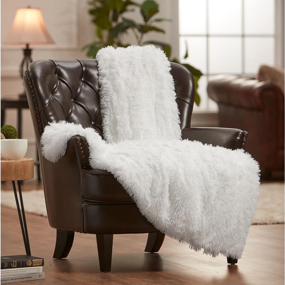 CHANASYA Solid White Shaggy Faux Long Fur Polyester Throw Blanket-92 in ...
