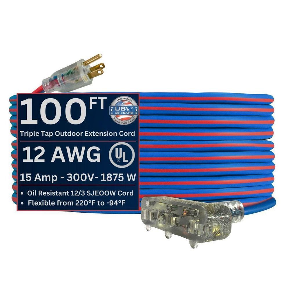 US Wire and Cable Extreme 100 ft. 12 / 3 Cold Weather Indoor/Outdoor ...