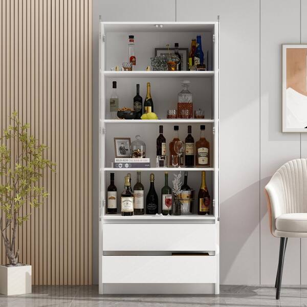 Black and Wood Grain 70.9 in. Height Wooden Bar Wine Cabinet Sideboard w 2 Drawers 5 Shelves and A Sliding Rail Door