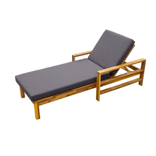 Acacia Wood Outdoor Lounge Chair with Gray Cushions, Pool Sunbathing ...