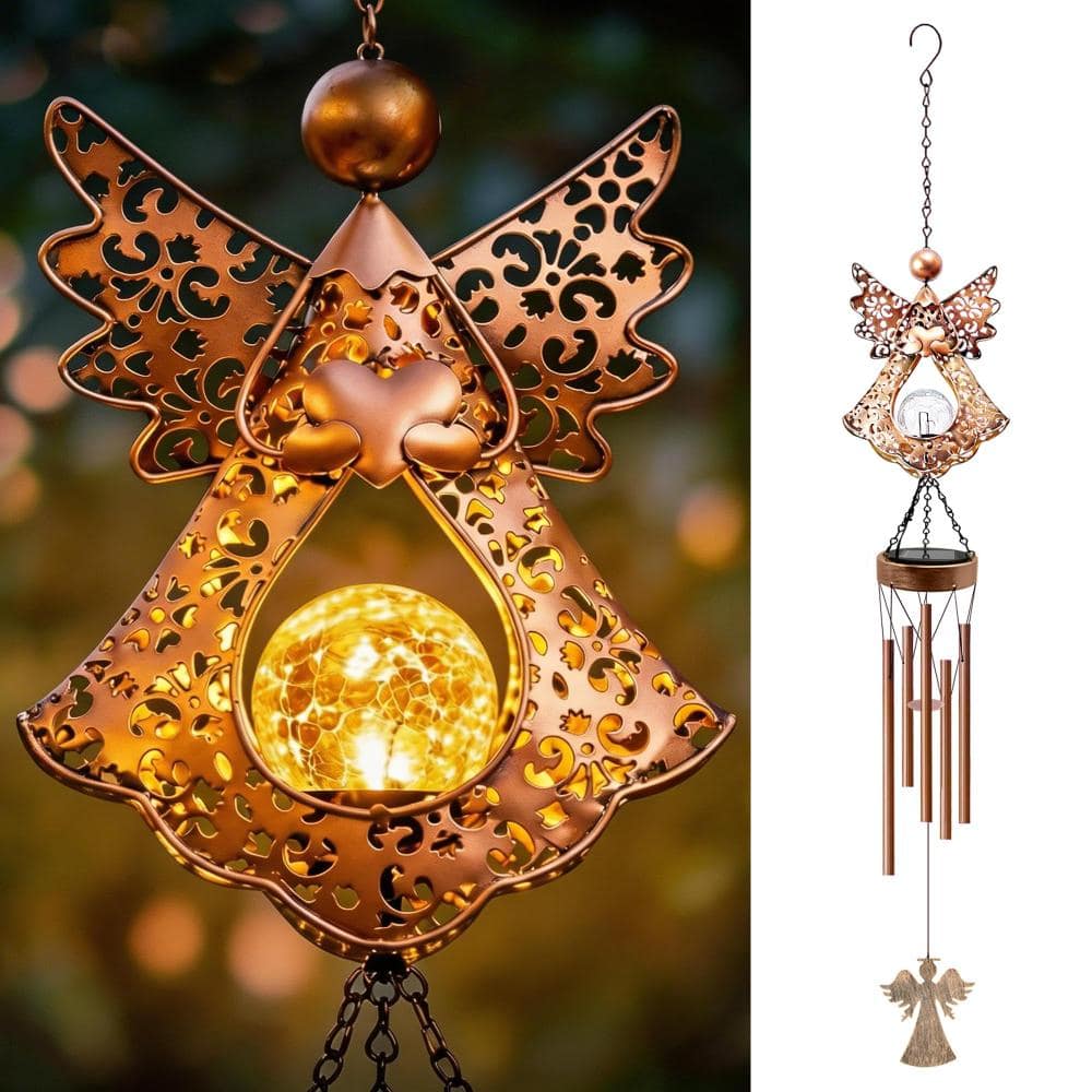 41.3 in. Solar Angel Wind Chime with Warm LED Glow Brown 1-Piece ...